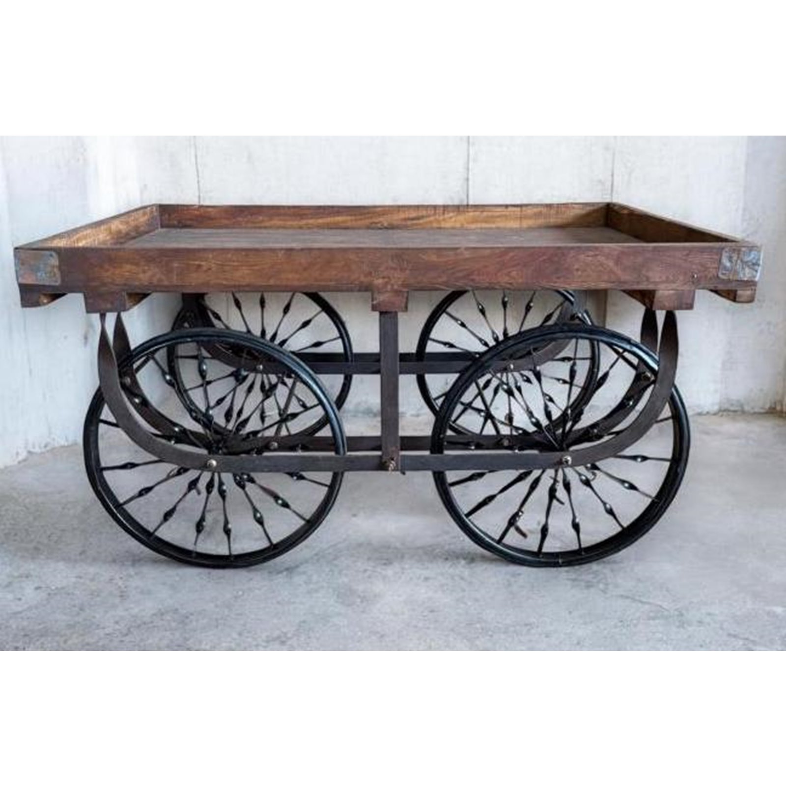 Reclaimed Wood and Big Wheel Cart Display Table